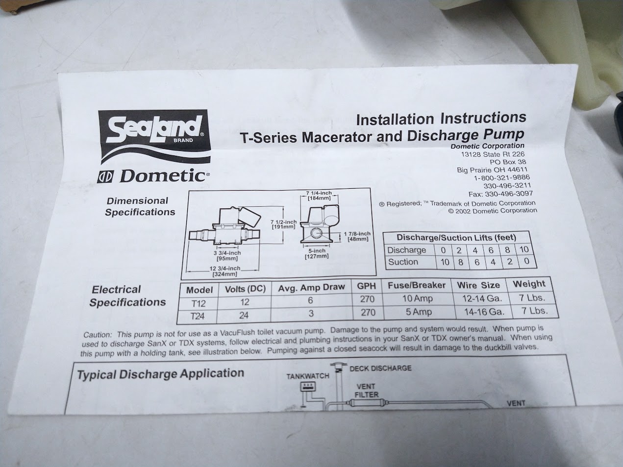 -NEW- SeaLand 1302058, Dometic T12 Macerator & Discharge Pump With ...