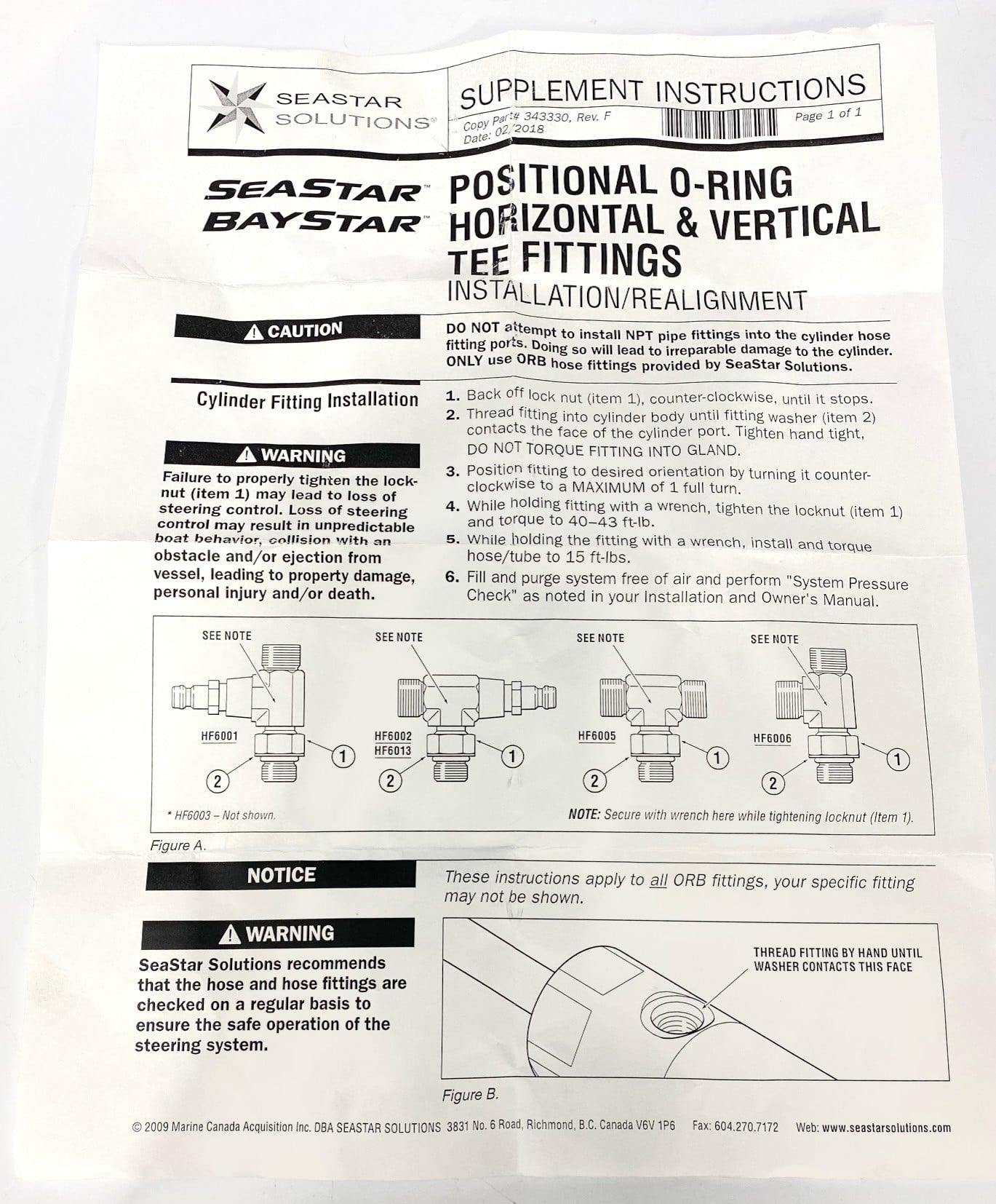 -NEW- SeaStar HF6002 / HF6013 , ORB-6 Horizontal Bleed Tee Fitting ...