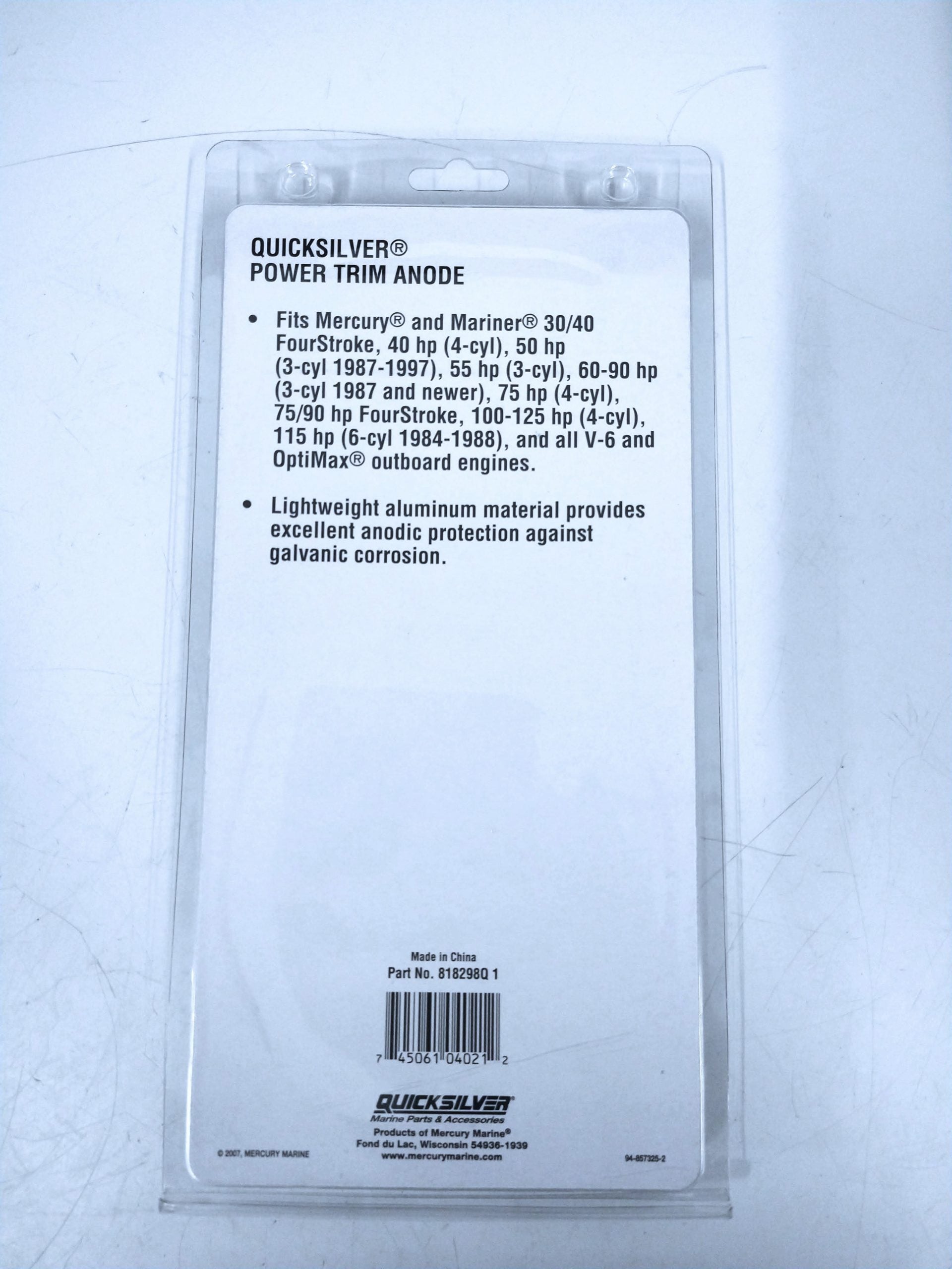 Mercury Quicksilver 97-818298Q1 , Power Trim Anode , OEM - Max Marine ...