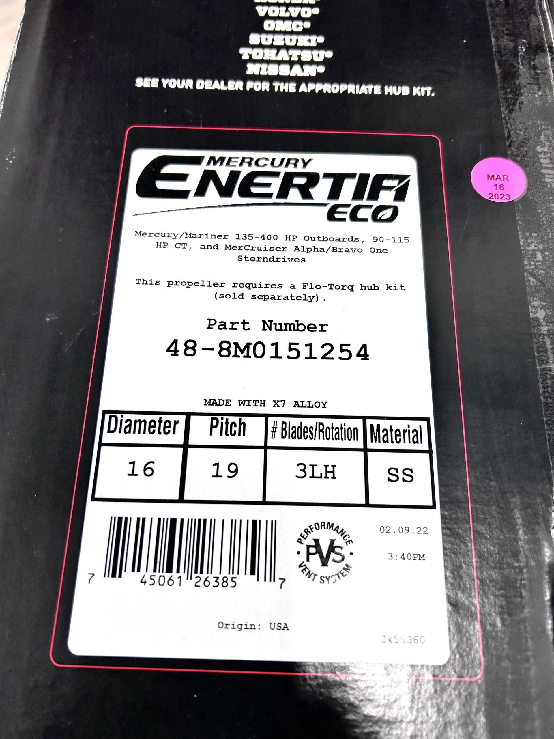 -NEW- Mercury 3 x 16 x 19, Enertia Eco Propeller 48-8M0151254 - LH ...