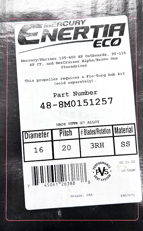 -NEW- Mercury 3 x 16 x 20 RH, Enertia Eco Propeller, 48-8M0151257 - Max ...
