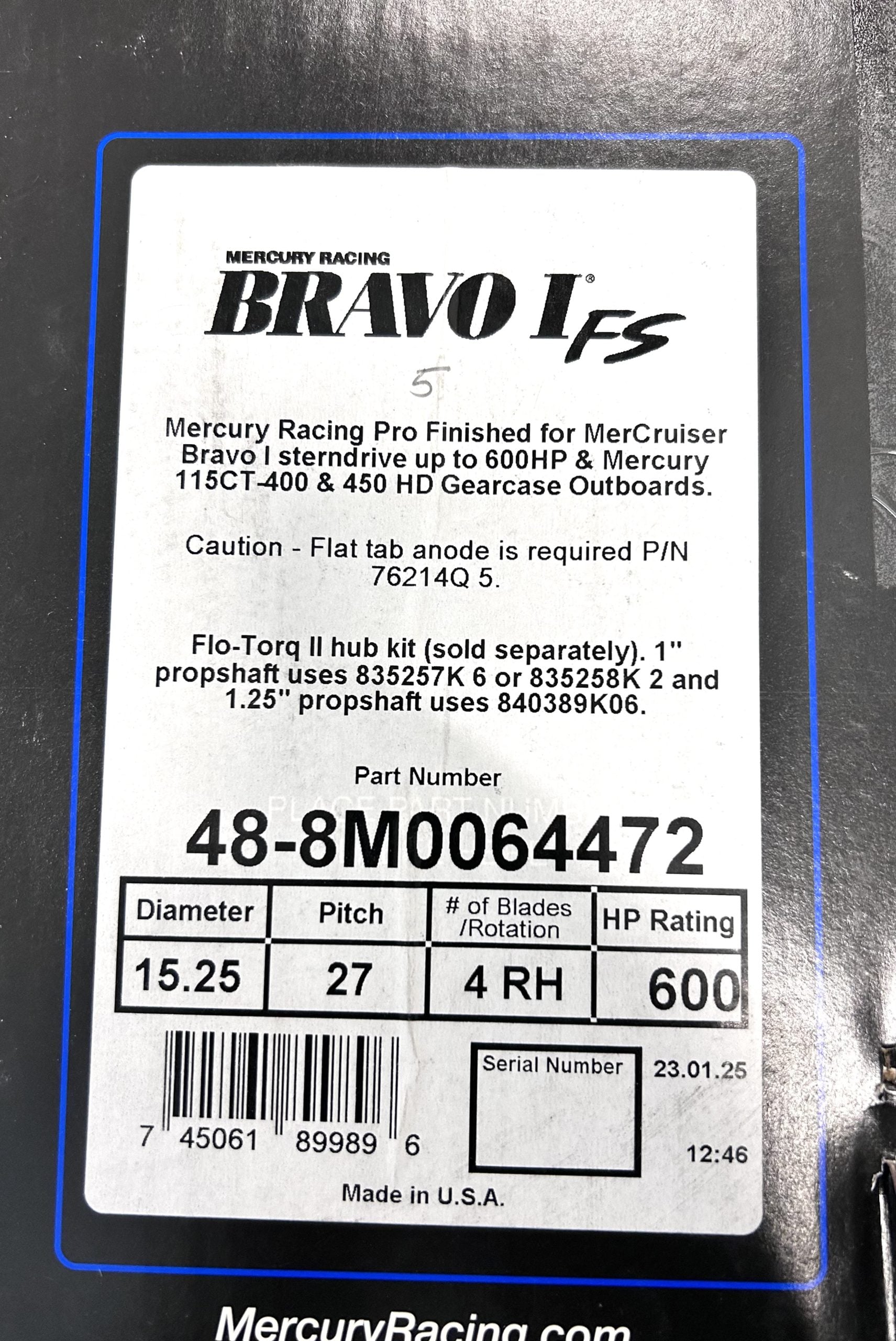 -NEW- Mercury 4 x 15.25 x 27P, Bravo 1 FS Pro Finish Propeller 48 ...