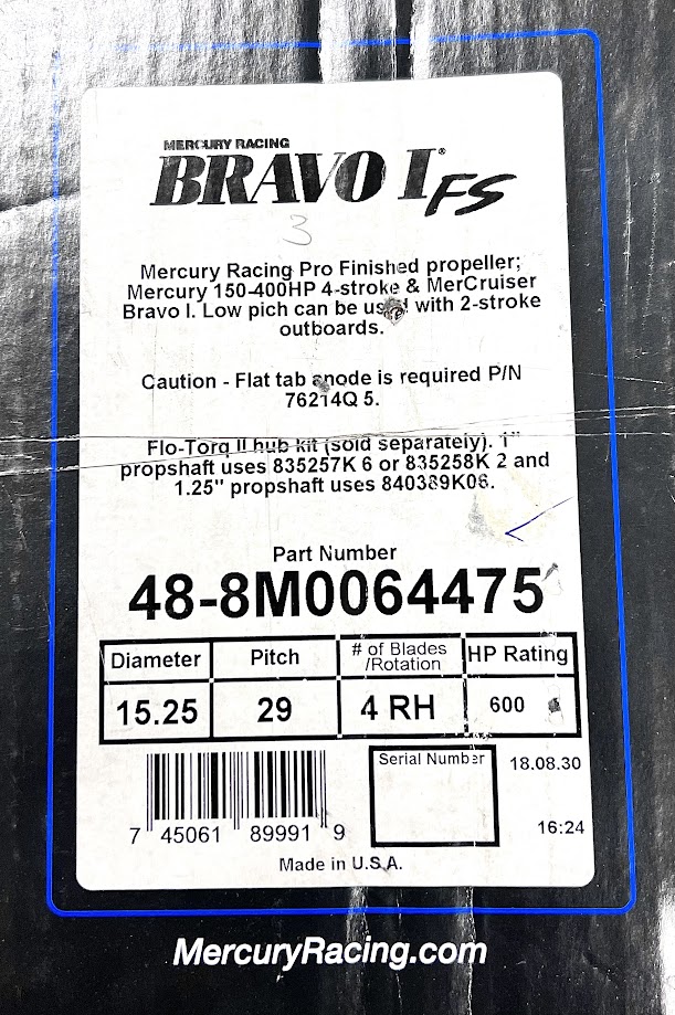 -NEW- Mercury 4 x 15.25 x 29 RH, Bravo 1 FS Pro Finish Propeller, 48 ...