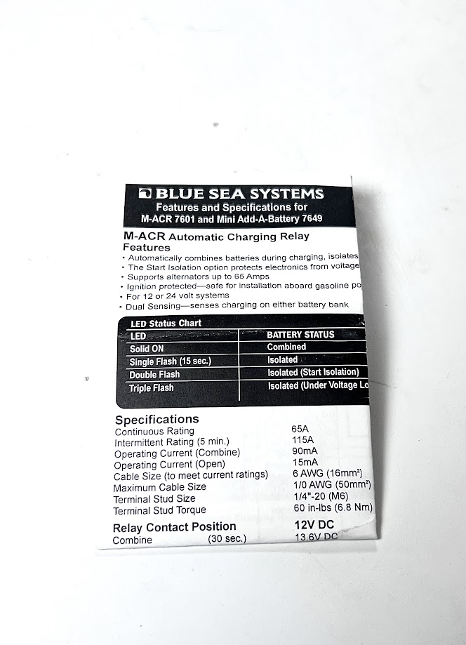 -NEW- Blue Sea Systems 7601B-BSS, Automatic Charging Relay, 65A, 12V ...