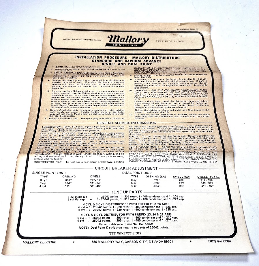 -NEW- Mallory Ignition 2765501, Vacuum Dual Point Distributor, OEM ...