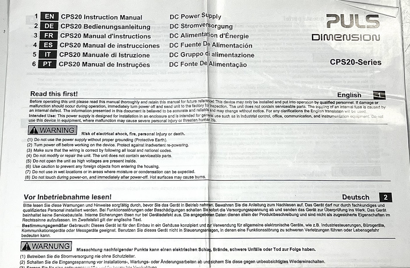 -NEW- Puls Dimension CPS20-241, Power Supply, 1 Phase, 24V, 20A, 480W ...