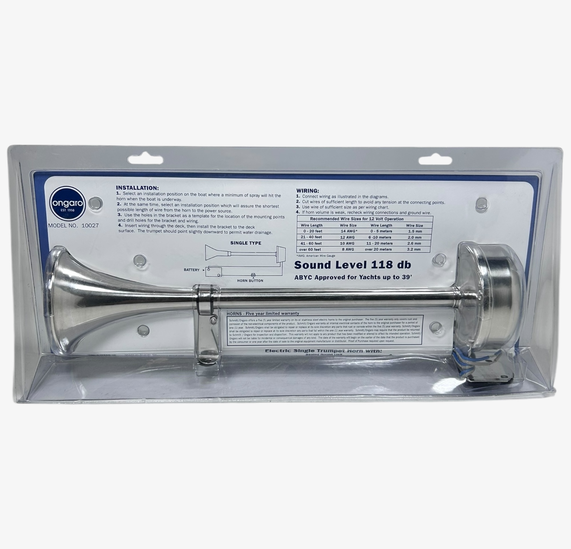 Ongaro 100027, Deluxe Stainless Steel Single Trumpet Horn 118db - 12V ...